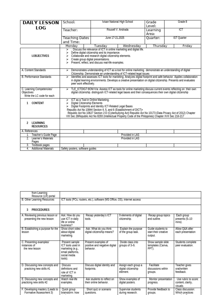 New DLL Ict 8 Matatag Week 1 | PDF | Educational Technology | Learning