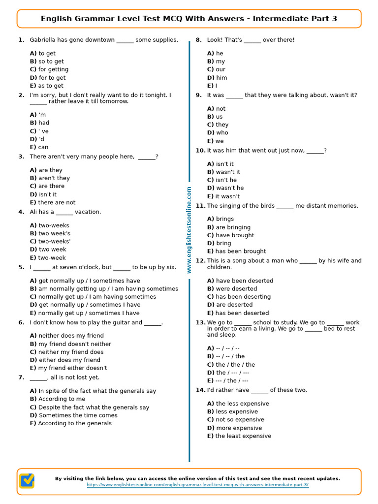 615 English Grammar Level Test MCQ With Answers Intermediate Part 3 ...