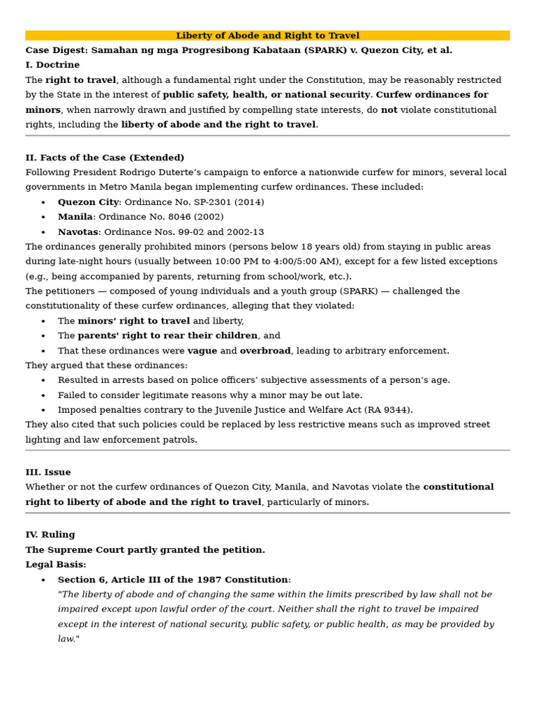 CaseDigest - Liberty of Abode and Right To Travel | PDF | Bail ...