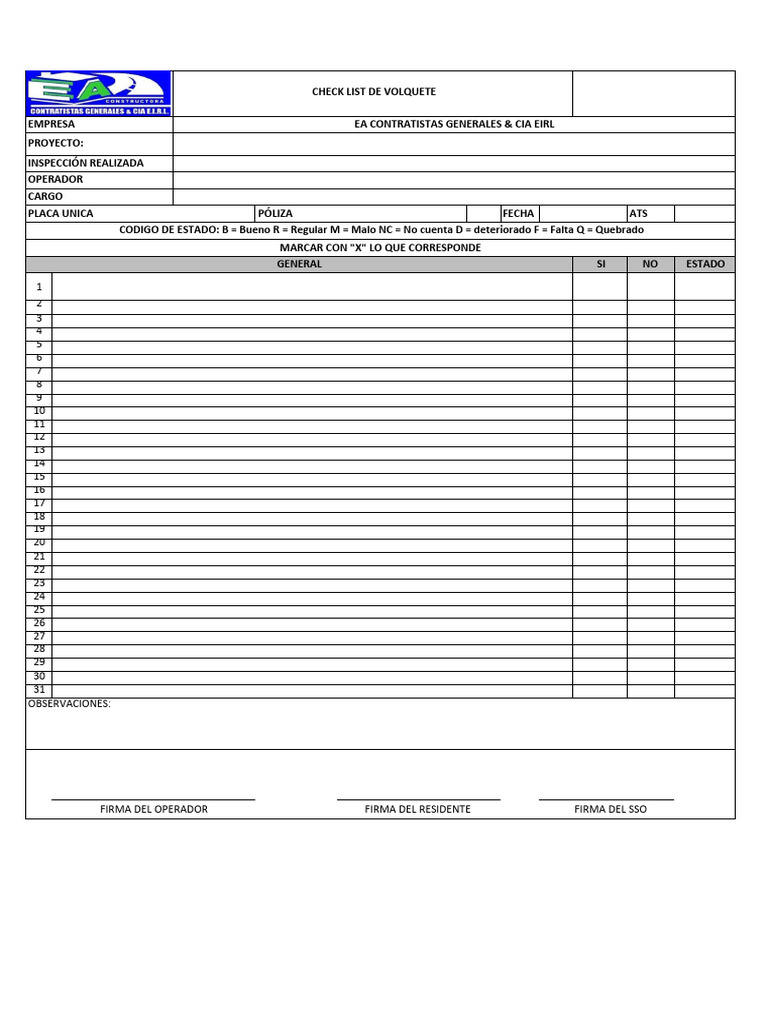 Check List de Inspección de Volquete | PDF | Neumático | Vehículo de motor