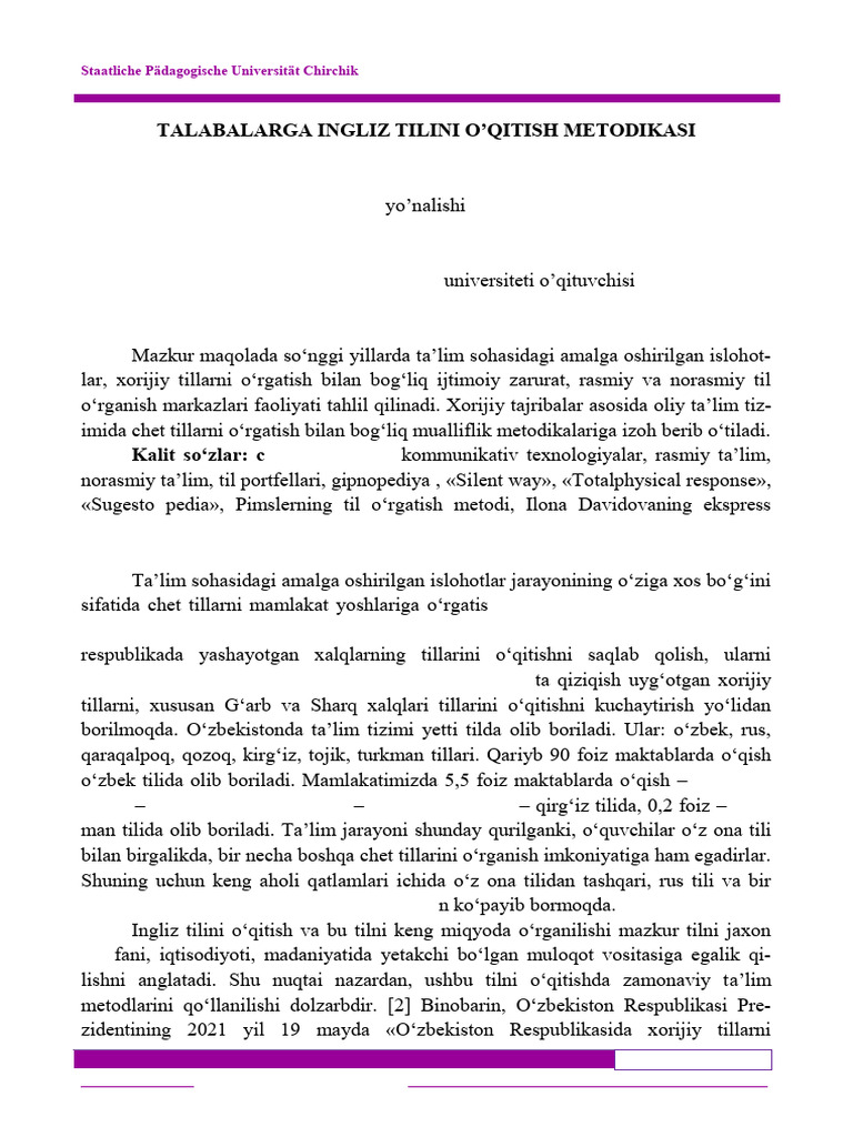 Talabalarga Ingliz Tilini o Qitish Metodikasi | PDF