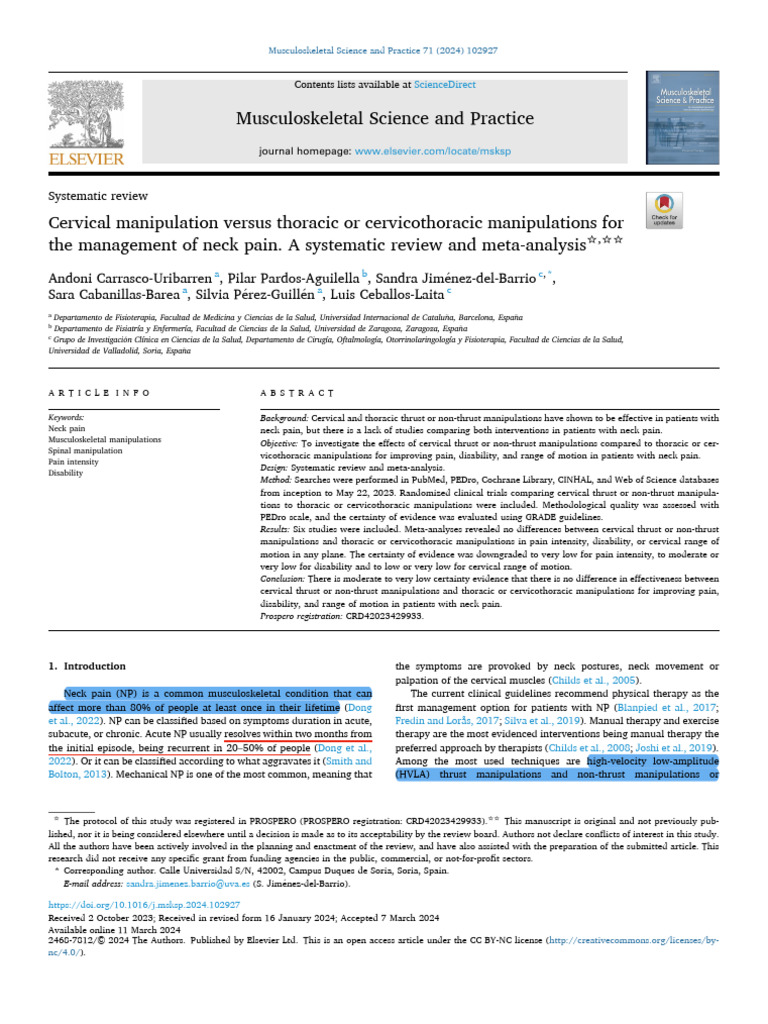 2024 - Cervical Manipulation Vs Thoracic Cervicothoracic Manipulation ...