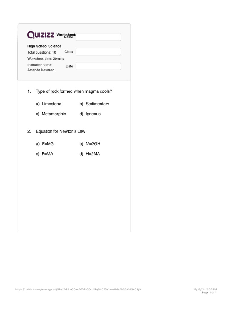 High School Science Quiz Worksheet | PDF