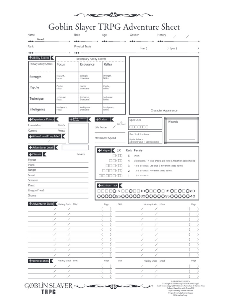 Goblin Slayer TRPG Character Sheet - 2 Copy 3 | PDF