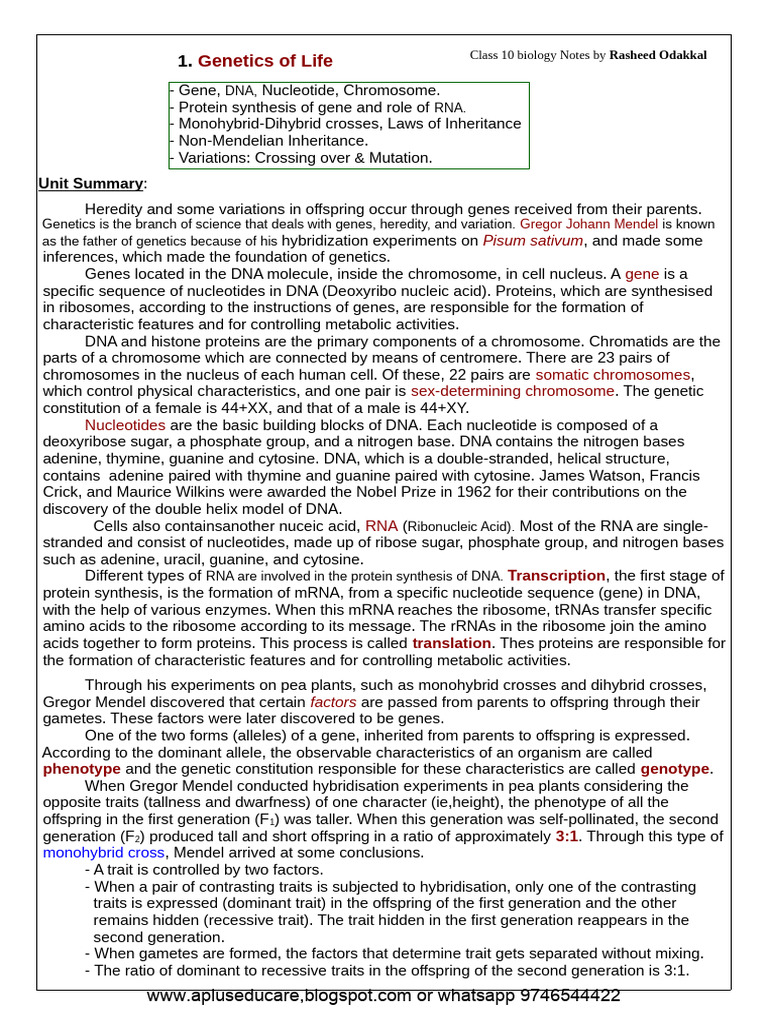 A+ Blog SSLC Biology Chapter 1 Genetics of Life PDF Note (Em) | PDF ...