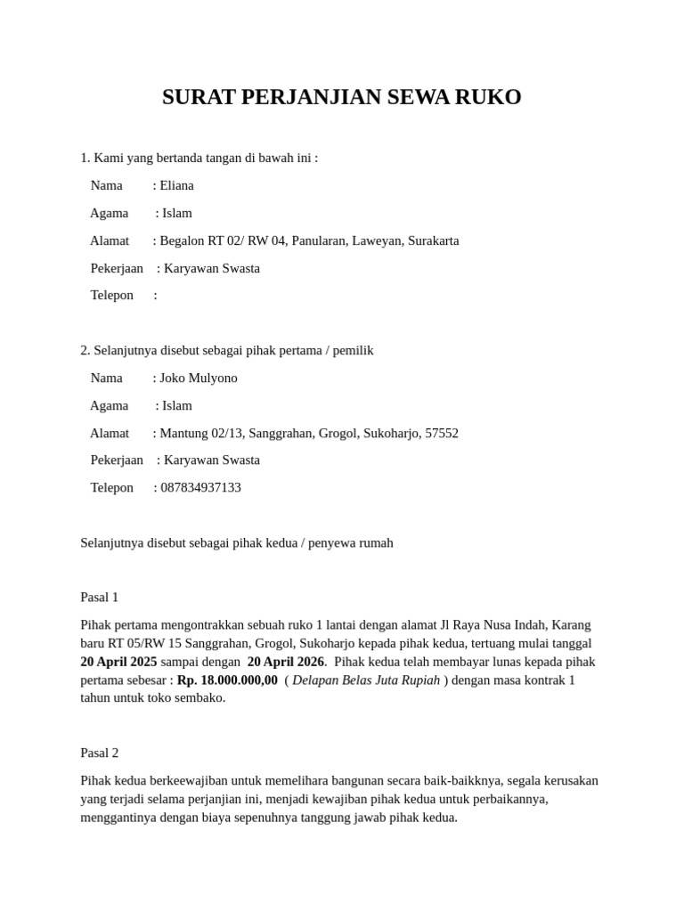 Surat Perjanjian Sewa Ruko 2025 | PDF