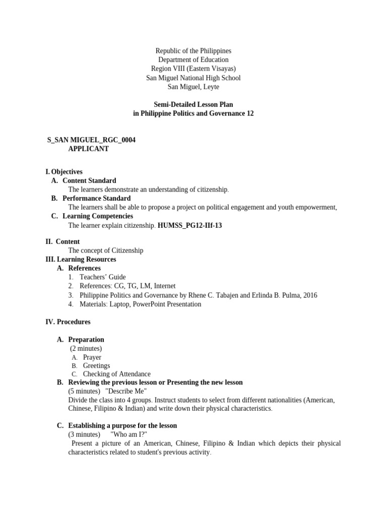 Lesson Plan SHS 2022 Ronalyn | PDF | Naturalization | Citizenship