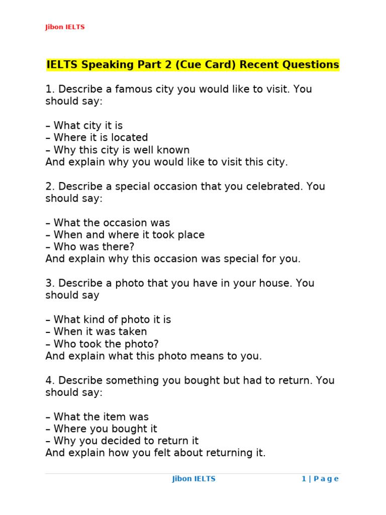 IELTS Speaking Part 2 Cue Card 2025 | PDF