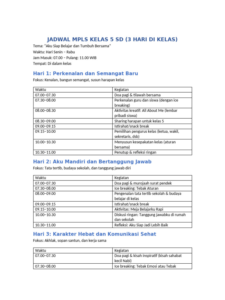 Jadwal MPLS Kelas 5 2025-2026 | PDF