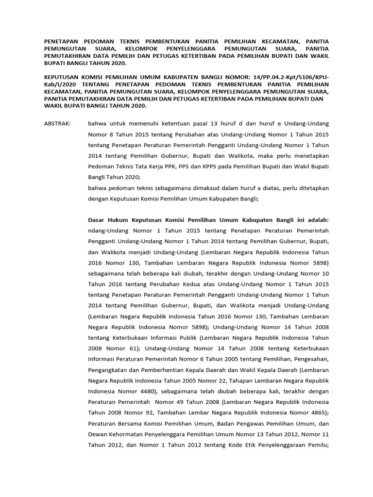 SK No 14 Penetapan Pedoman Teknis PPK, PPS, Kpps Dan PPDP | PDF