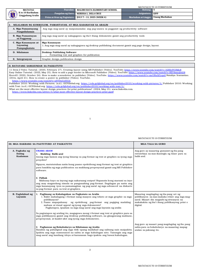 DLL Matatag - Epp 5 q1 w4 | PDF