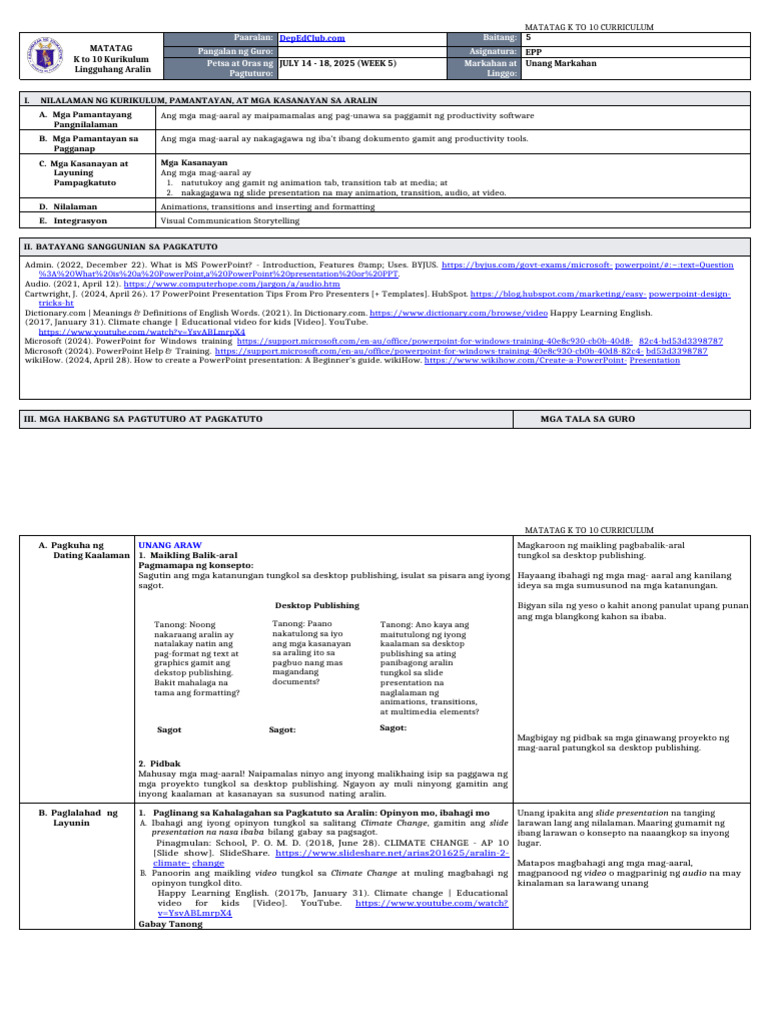 DLL Matatag - Epp 5 q1 w5 | PDF