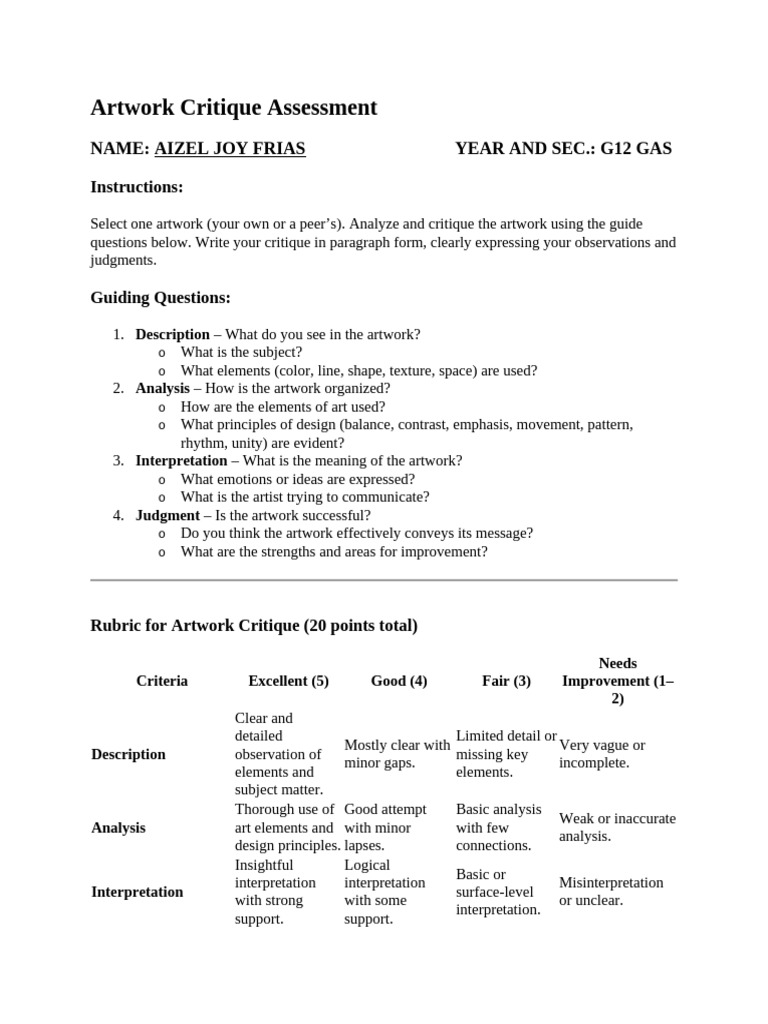 Artwork Critique Guide for Students | PDF | Emotions | Composition ...