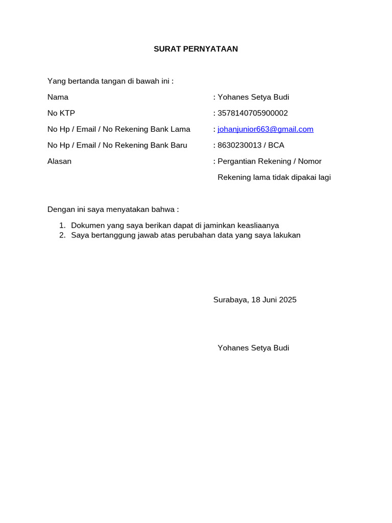 Surat Pernyataan Bank Bca | PDF