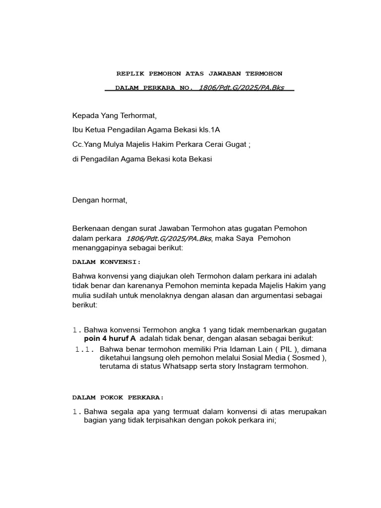 Replik Jawaban Dan Rekonvensi Perkara 1806 | PDF