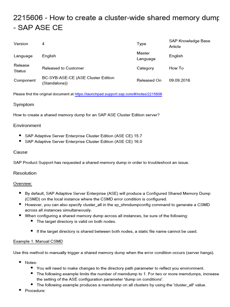 Note 2215606 - How To Create A Cluster-Wide Shared Memory Dump - SAP ...