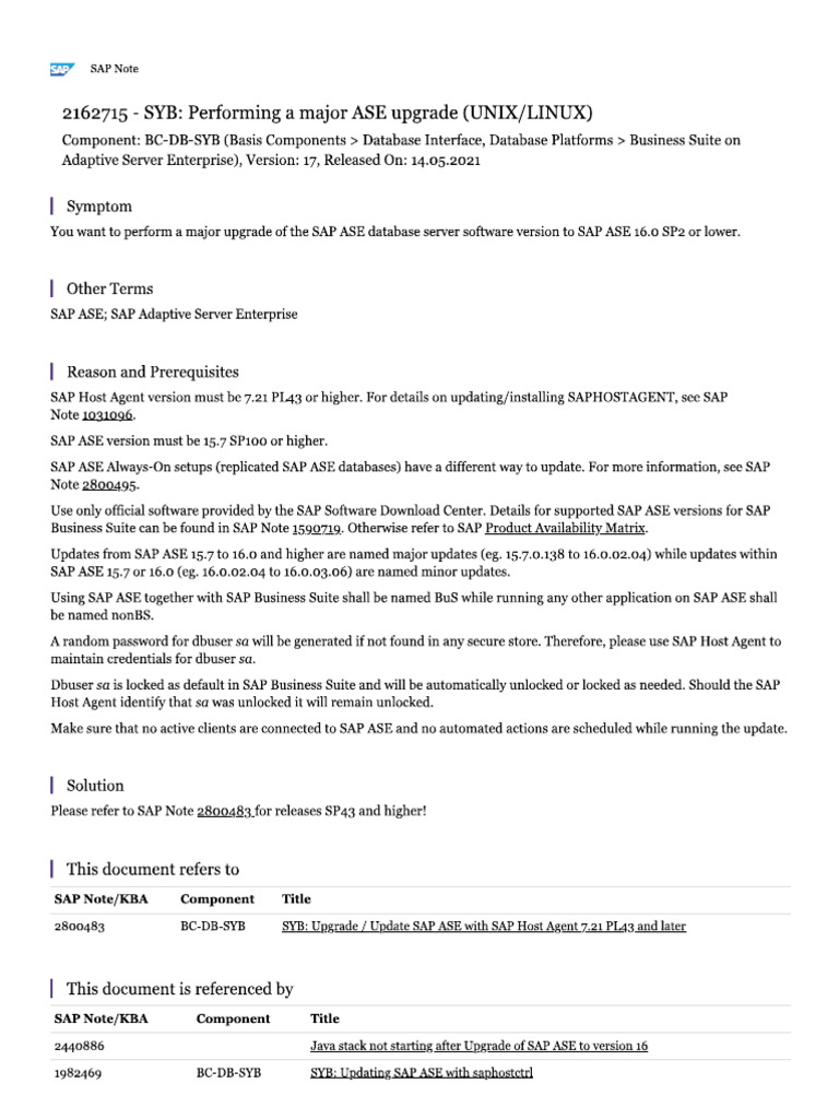 Note 2162715 - SYB - Performing A Major ASE Upgrade (UNIX-LINUX) | PDF