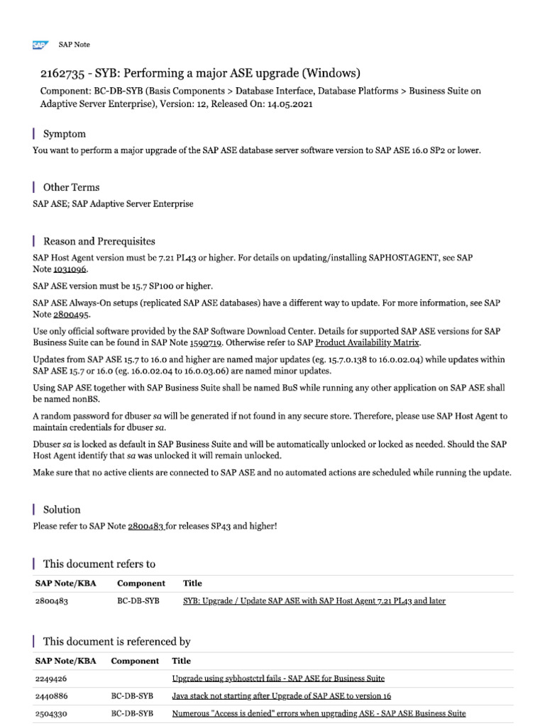 Note 2162735 - SYB - Performing a Major ASE Upgrade (Windows) | PDF