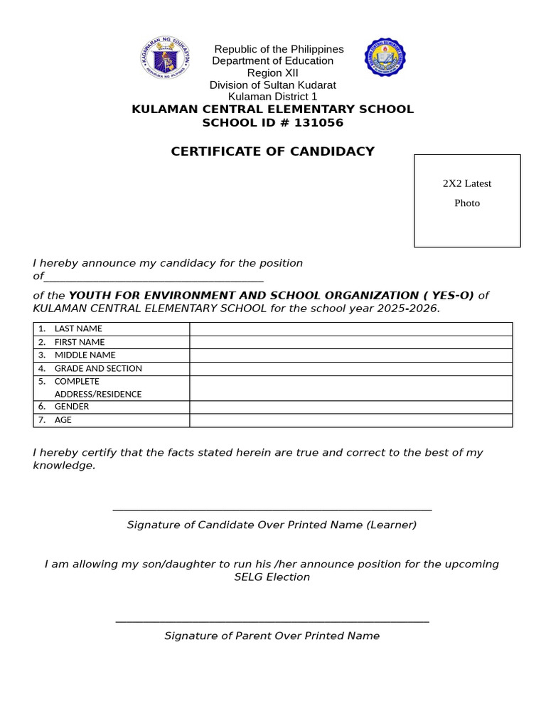 YES-O Candidacy Certificate Form 2025-2026 | PDF | Chess Openings | Chess