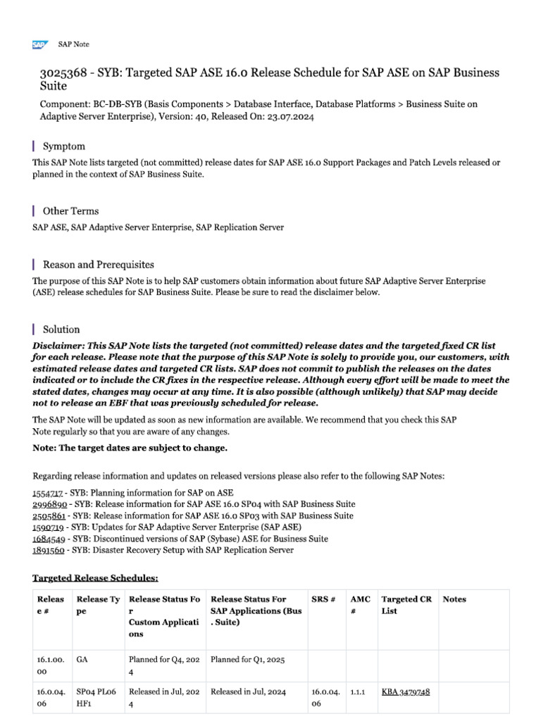 Note 3025368 - SYB - Targeted SAP ASE 16 - 0 Release Schedule For SAP ...