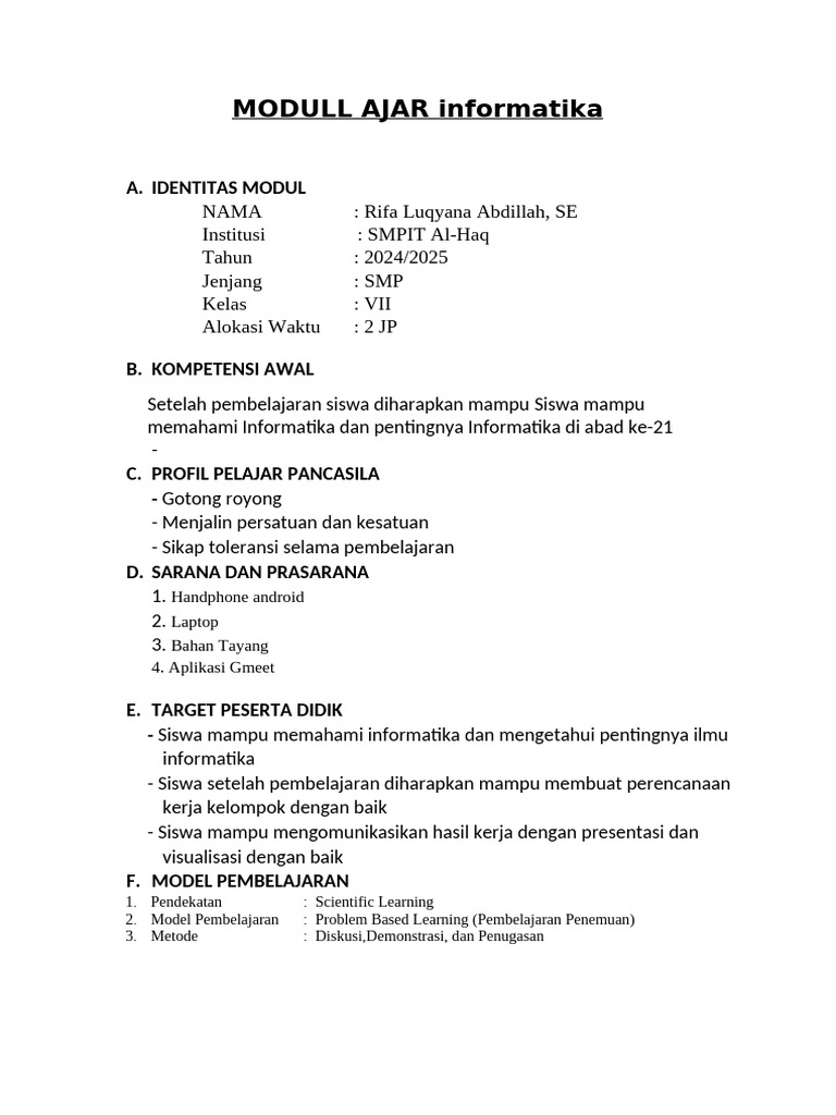 MODUL AJAR TIK 7 Informatika Dan Keterampilan Generik | PDF