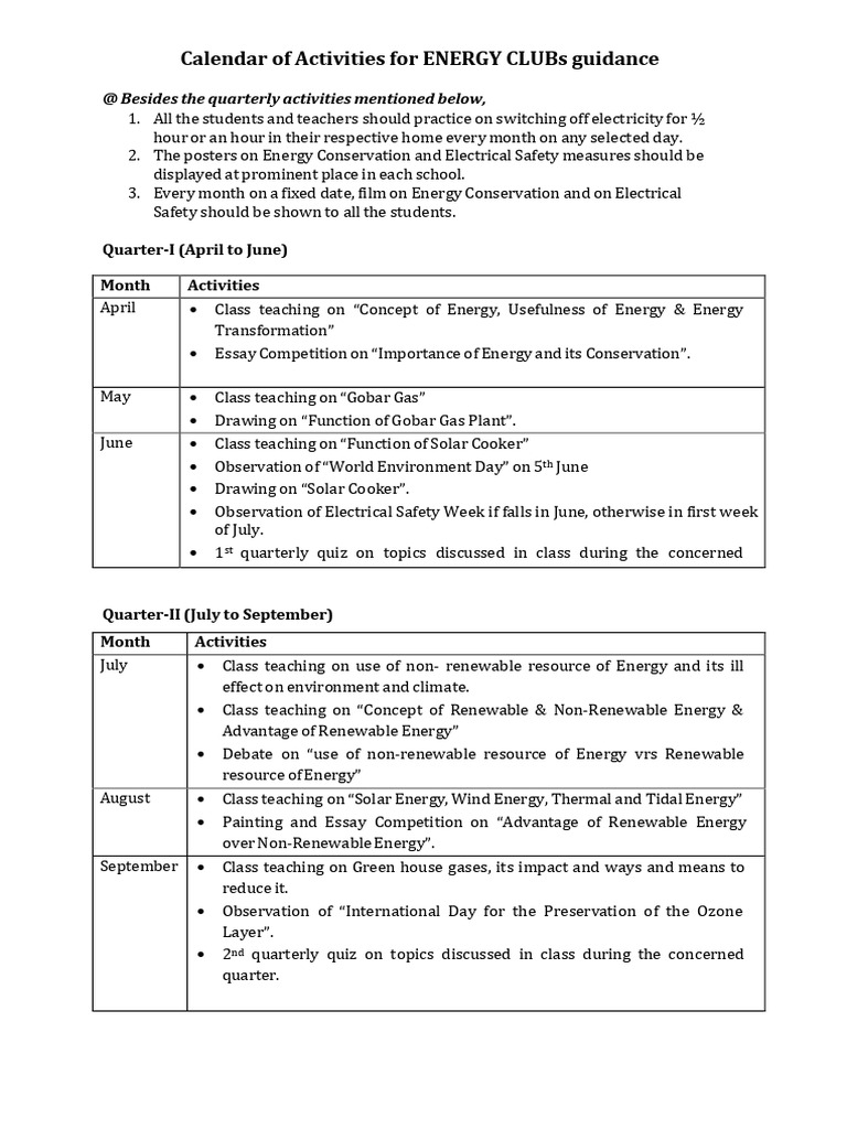 Energy Club Activity Calendar | PDF | Renewable Energy | Energy ...
