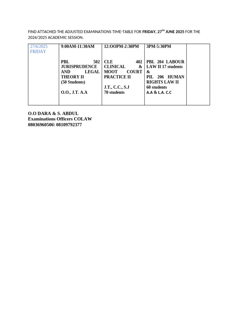 Amended Examinations Time Table For Friday 27th June 2025 | PDF