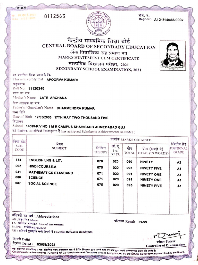 Class 10 Marksheet | PDF