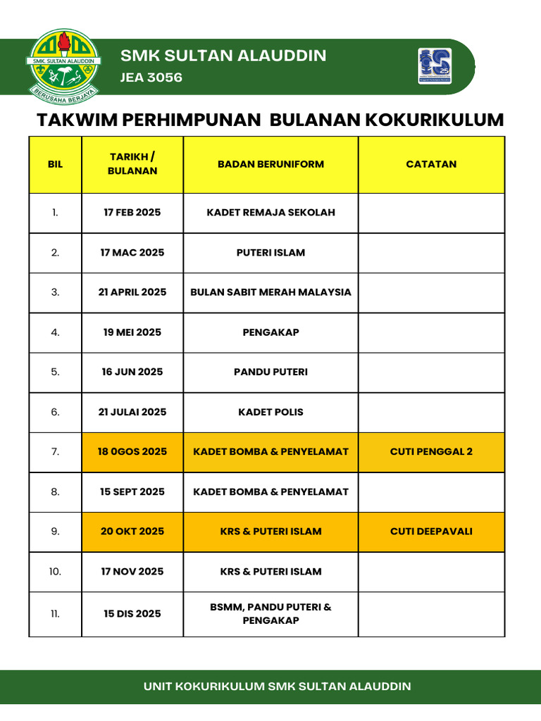 Takwim Perhimpunan Kokurikulum | PDF