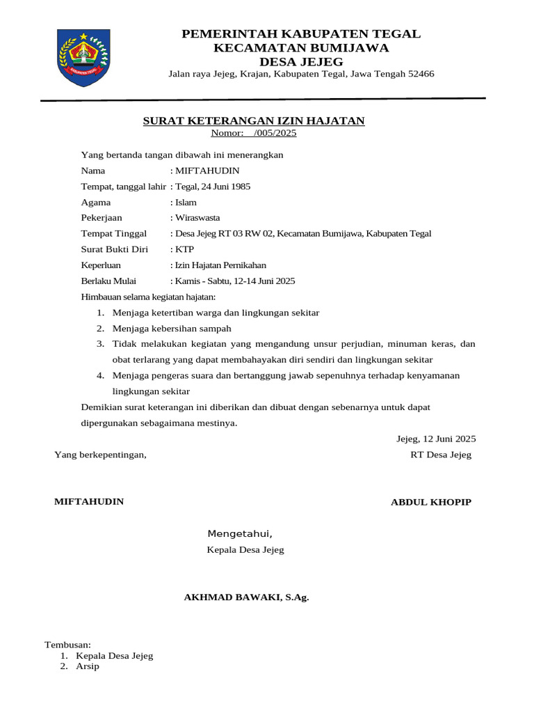 Surat Izin Hajatan Mif | PDF