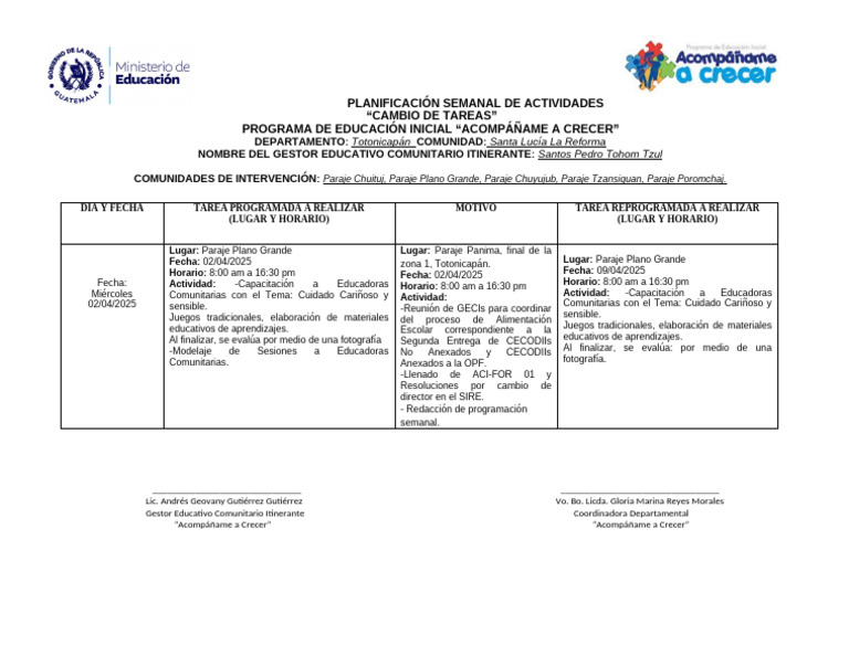 Plan Cambio de Actividades 02 Abril 2025 GEOVANY | PDF