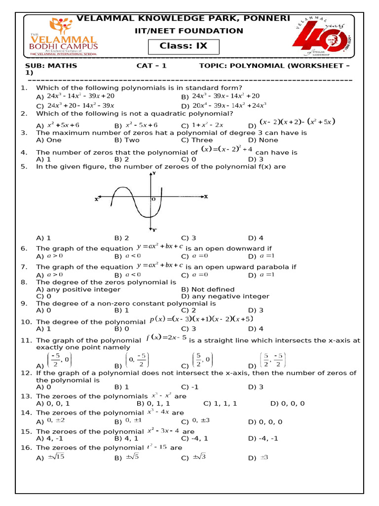 9th Cat - 1 (Polynomial) Worksheet - 1 | PDF | Polynomial | Zero Of A ...