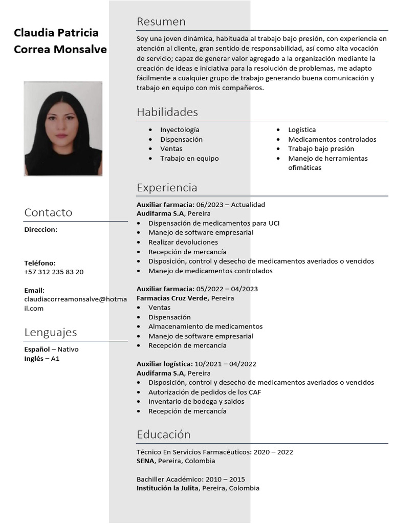 CV - Auxiliar Farmacia | PDF | Farmacia | Informática