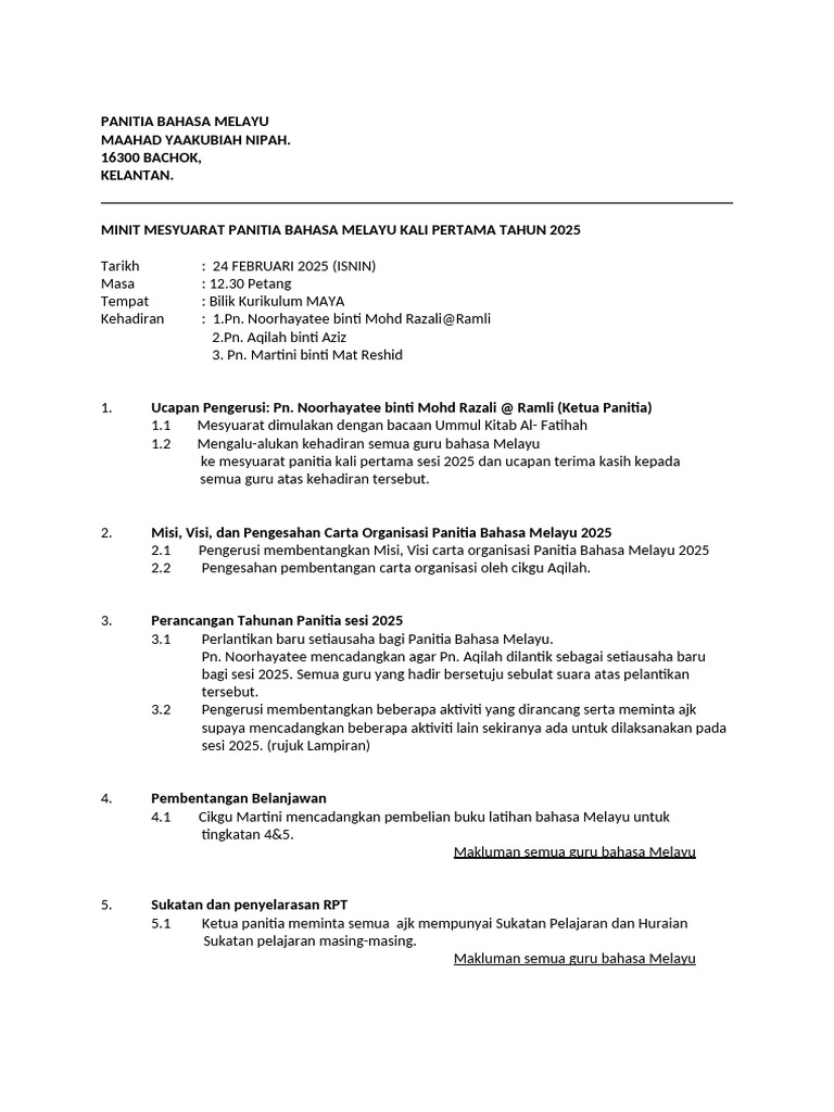 PANITIA BAHASA MELAYU Minit Mesy Kali Pertama 2023 | PDF