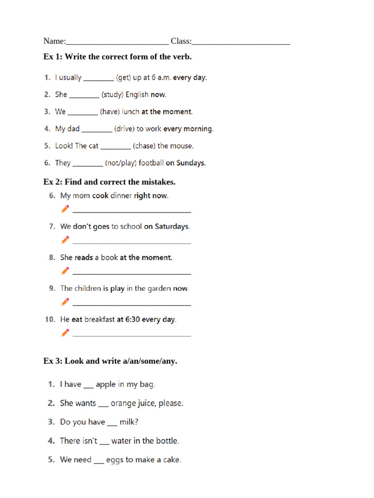 Ex 1: Write The Correct Form of The Verb.: Name: - Class | PDF
