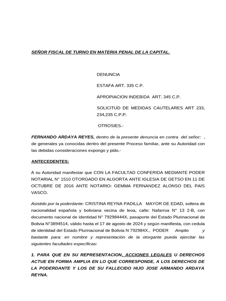 Fernando Denuncia Penal de Estafa Contra Fredy Salazar | PDF | Bienes (Ley) | Derecho penal