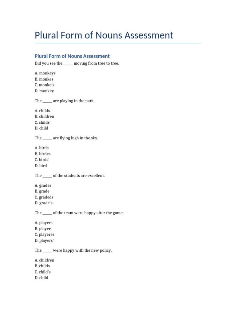 Plural Nouns Assessment | PDF