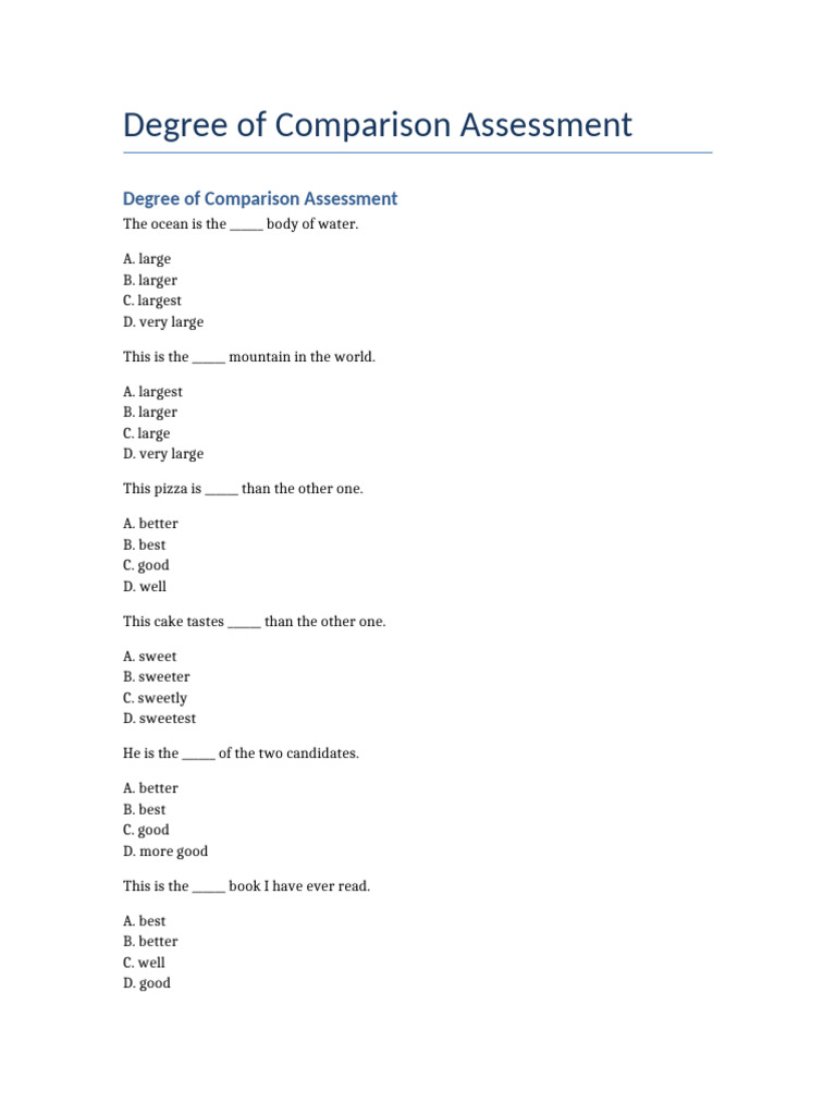 Degree of Comparison Assessment | PDF