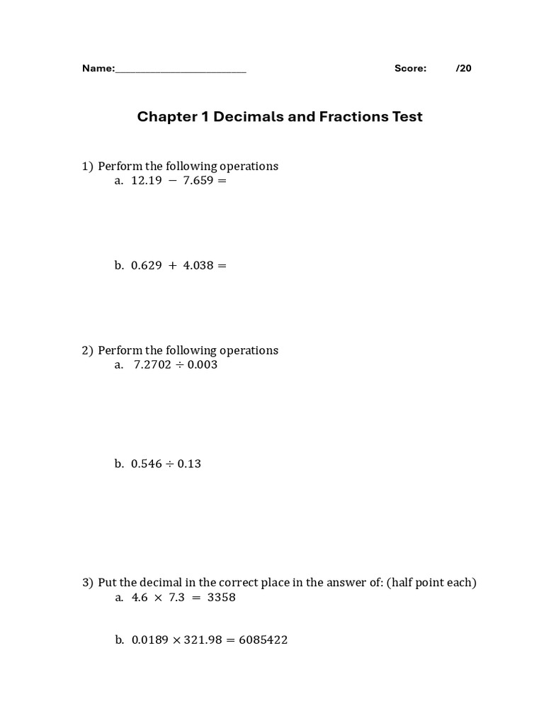 Chapter 1 - Fraction and Decimal Test | PDF