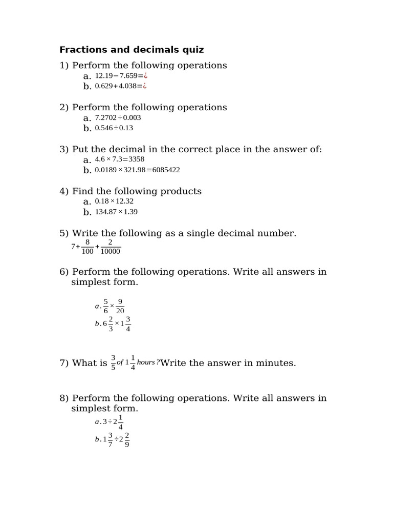 Fraction and Decimal Quiz | PDF
