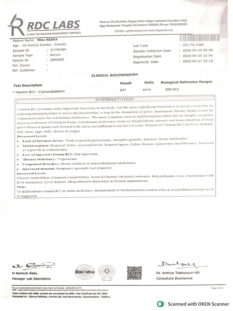 Nisha Lab Results | PDF