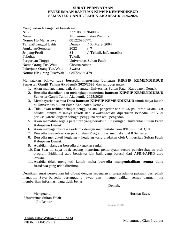 Surat Pernyataan Pengajuan Genap Ta 2024.2025 | PDF