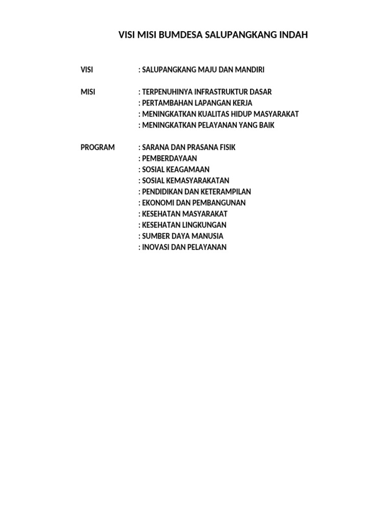 Visi Misi Bumdesa Salupangkang Indah | PDF