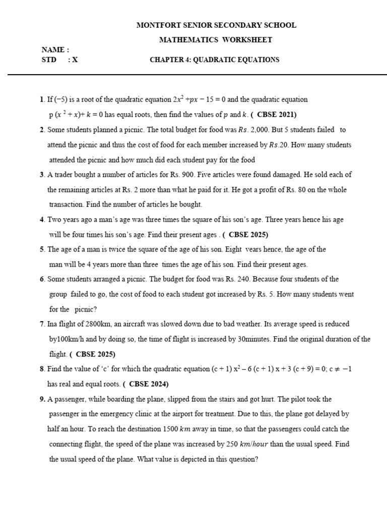 Maths Quadratic Equation Worksheet | PDF | Speed