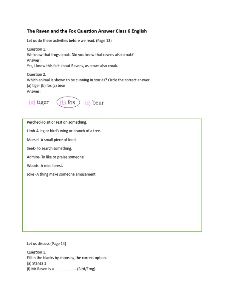 The Raven and The Fox Question Answer Class 6 English | PDF | The Raven