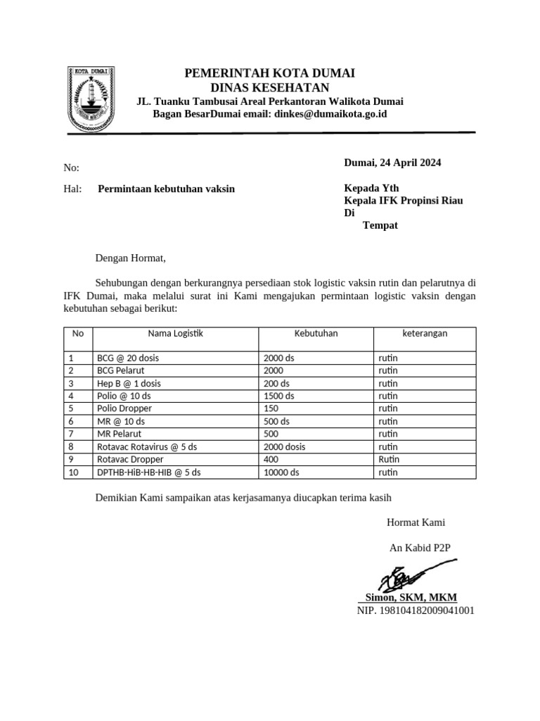 Surat Permintaan Vaksin April 2024 | PDF