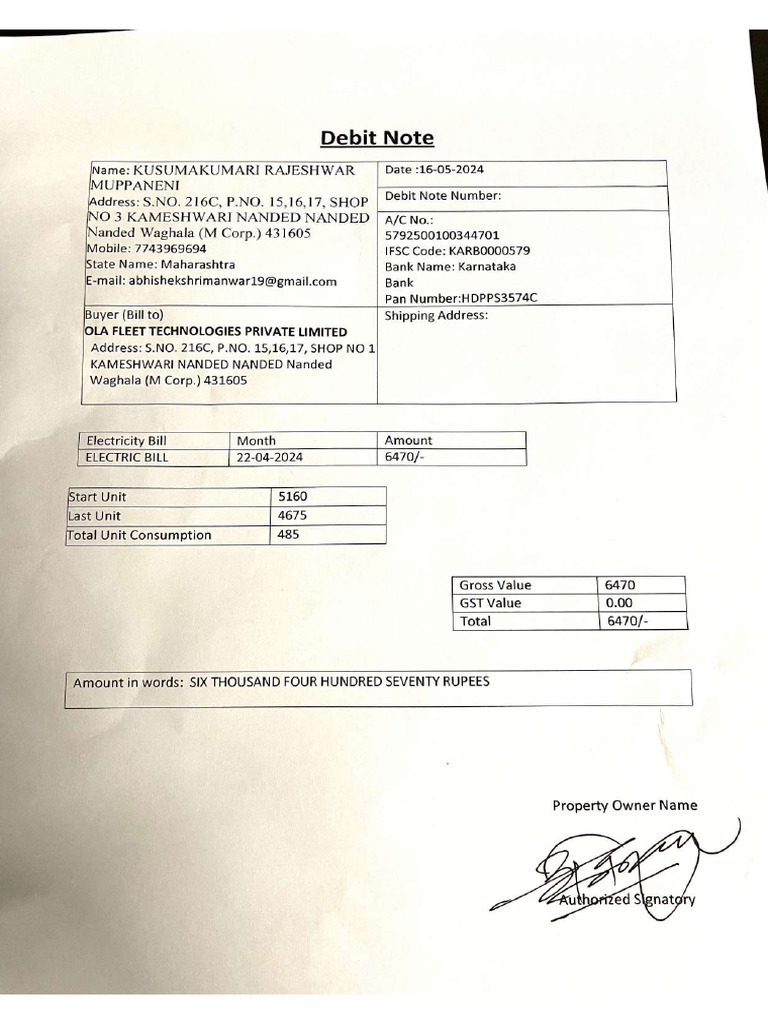 Electricity Bill Debit Note | PDF