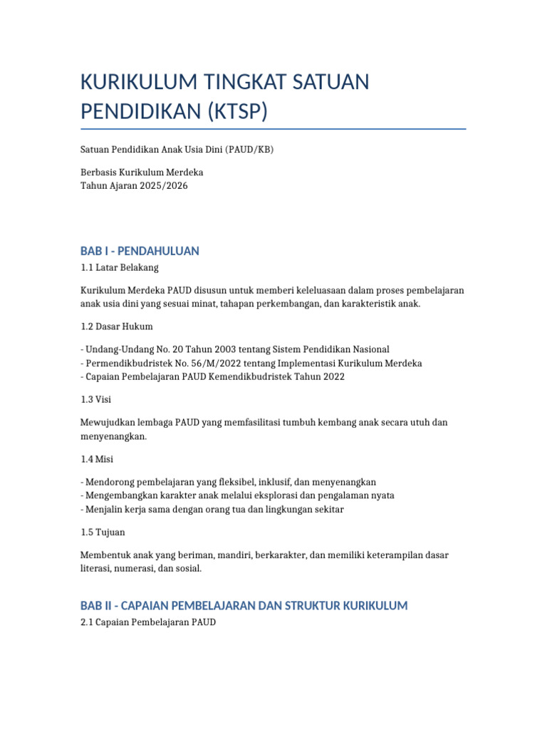 KTSP PAUD Kurikulum Merdeka 2025 | PDF