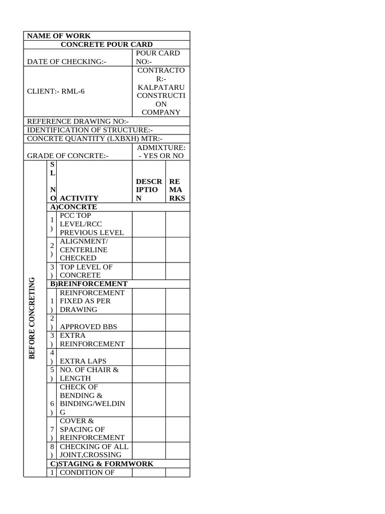 Concrete Pour Card Checklist | PDF | Concrete | Building