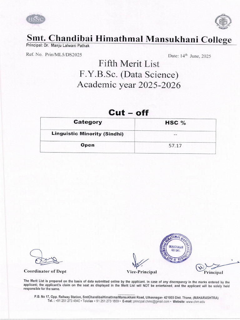 Fy BSC Data Science Fifth Merit List Ay 2025 26 | PDF
